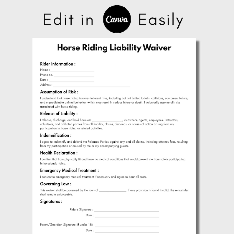 One Page Horse Riding Liability Waiver, Editable Equine Waiver Form ...