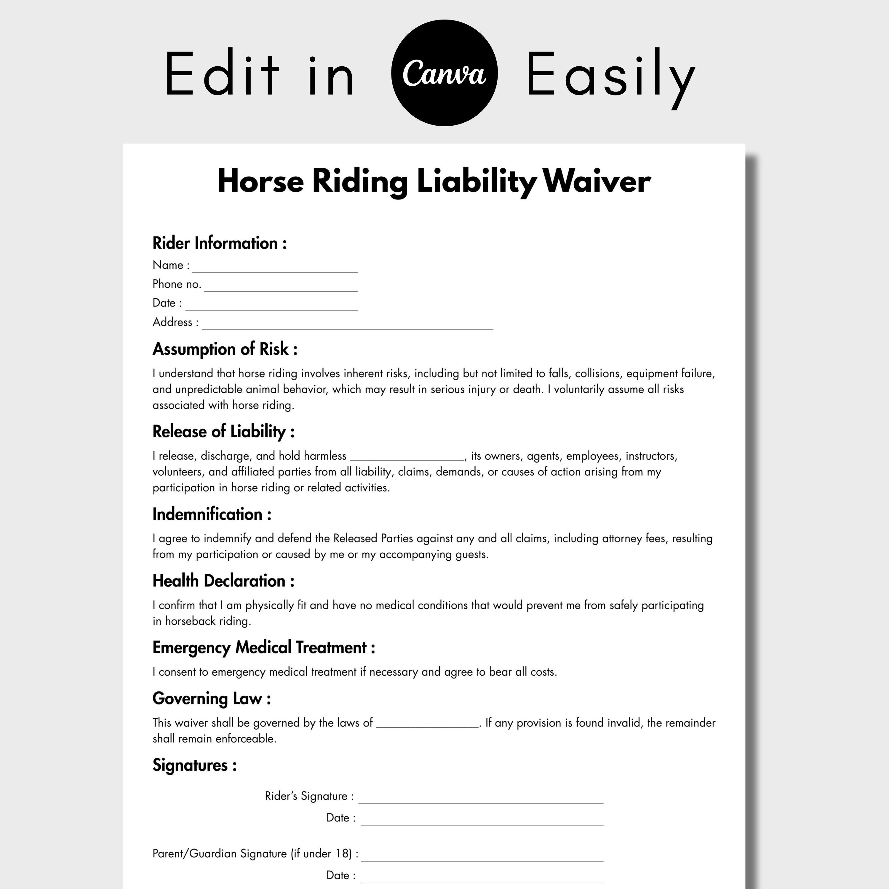 One Page Horse Riding Liability Waiver, Editable Equine Waiver Form ...