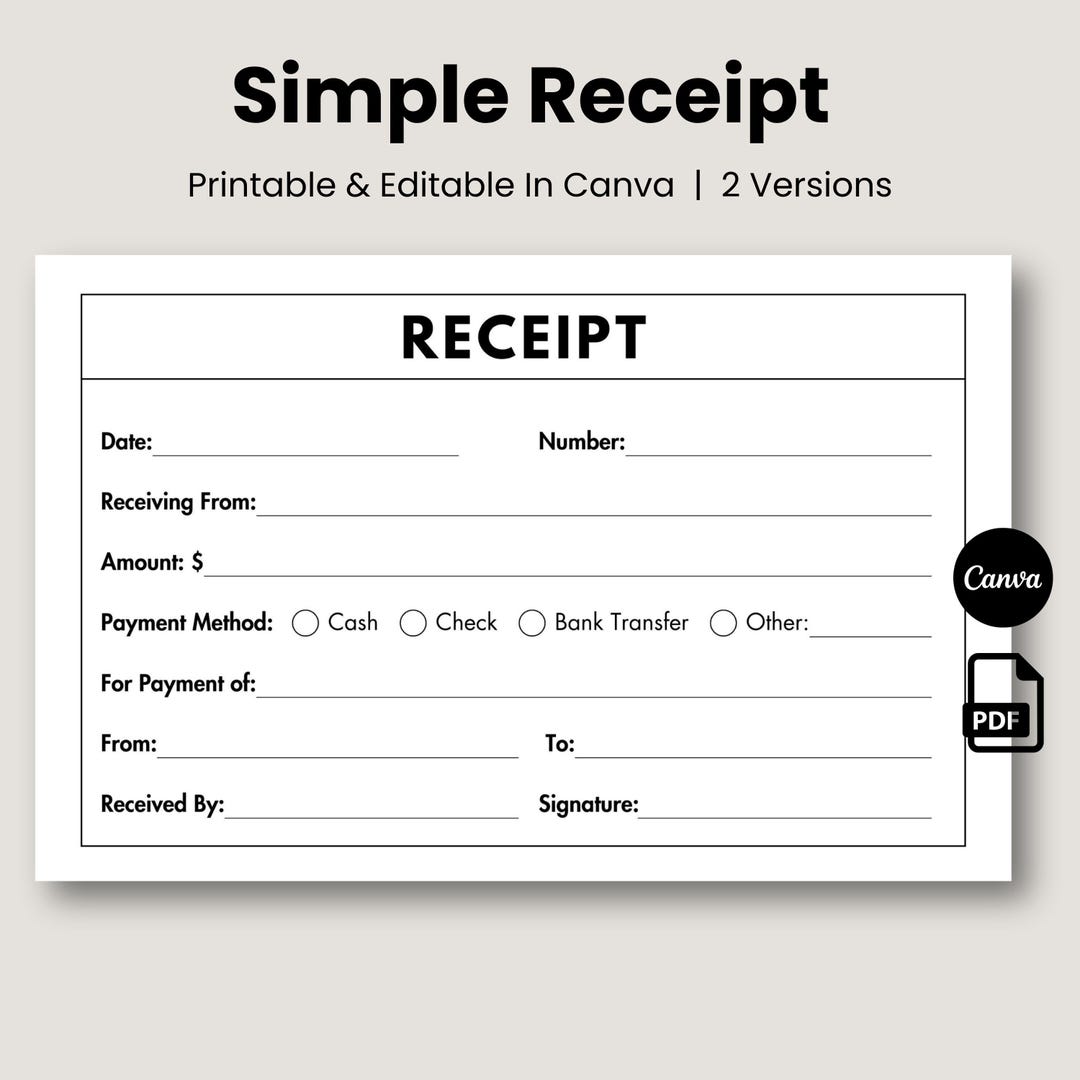 Editable Receipt Template, Simple Business Receipt, Sales Receipt for ...