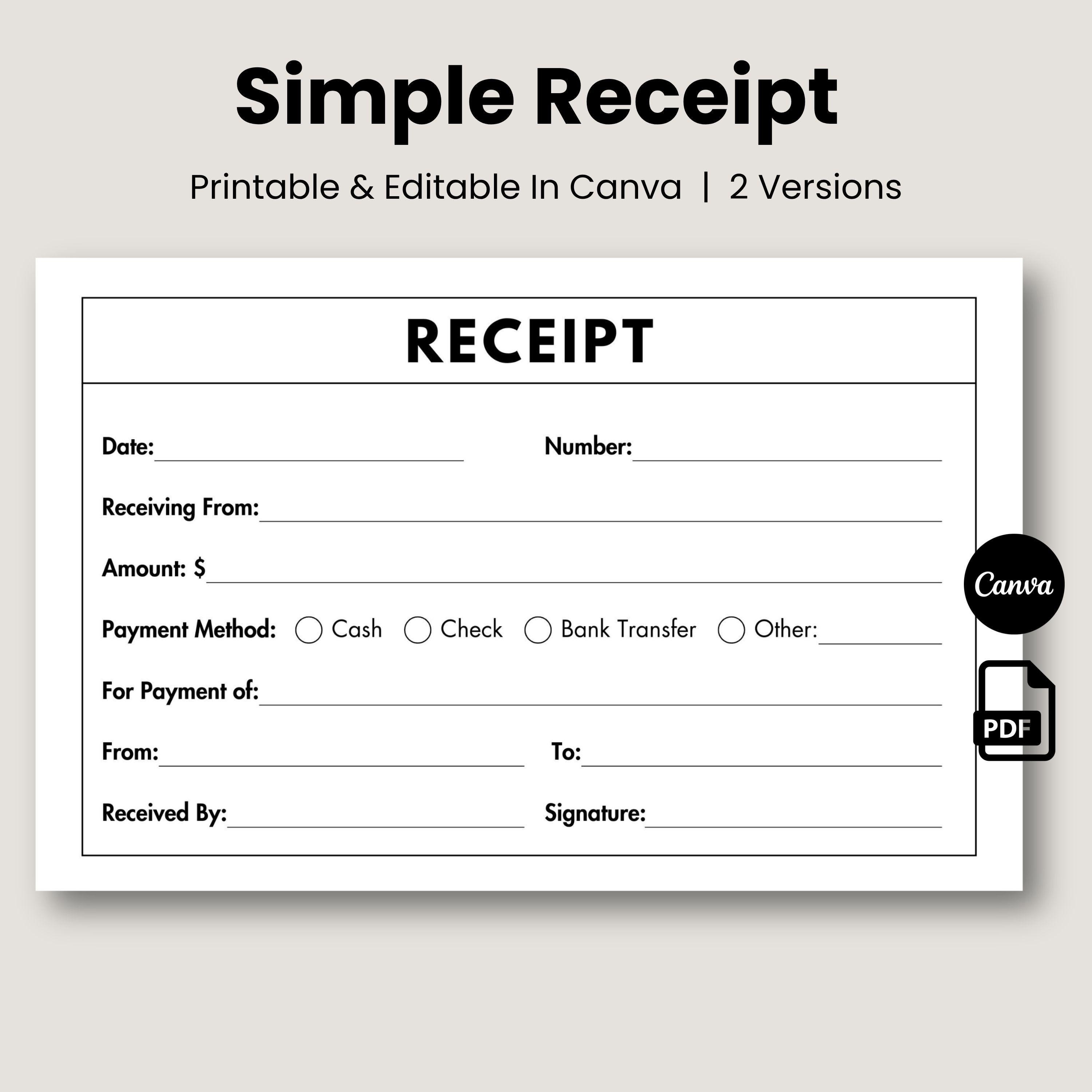 Editable Receipt Template, Simple Business Receipt, Sales Receipt for ...
