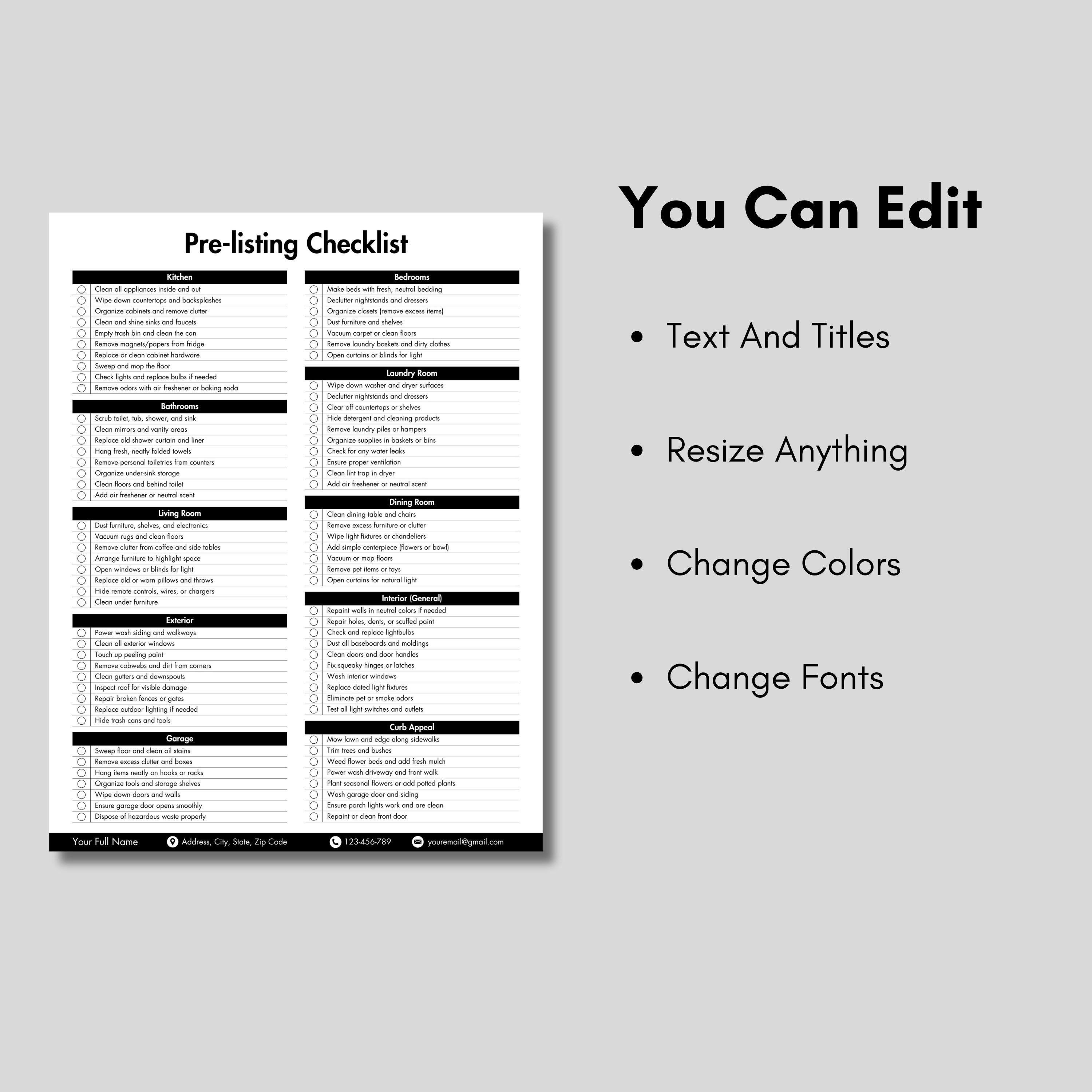 Pre-listing Checklist Black, Printable & Editable Home Seller Checklist ...
