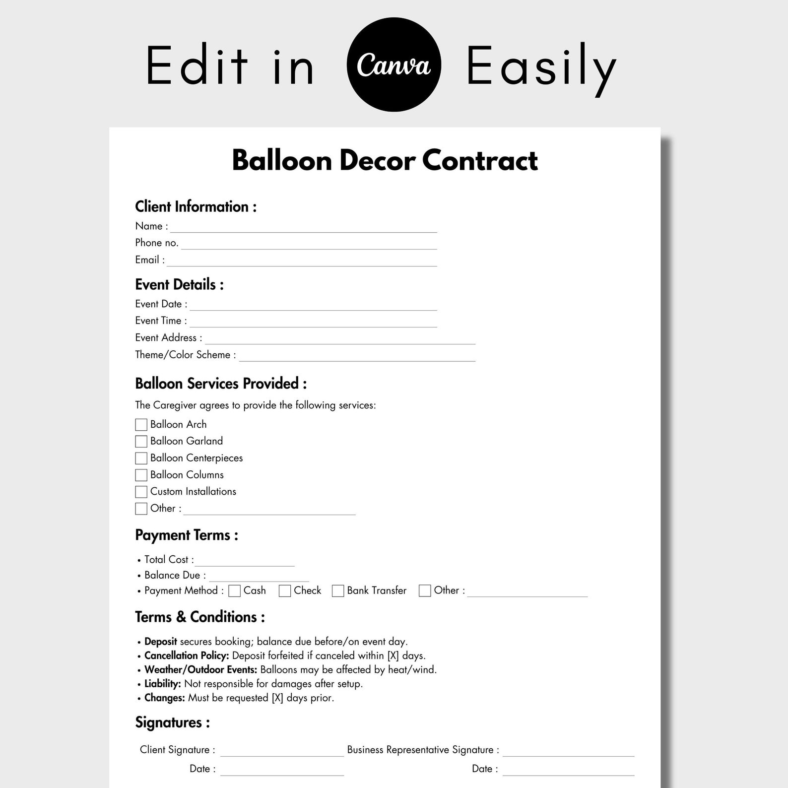 One Page Balloon Decor Contract Template, Editable Balloon Decoration ...
