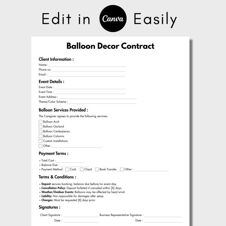 One Page Balloon Decor Contract Template, Editable Balloon Decoration ...