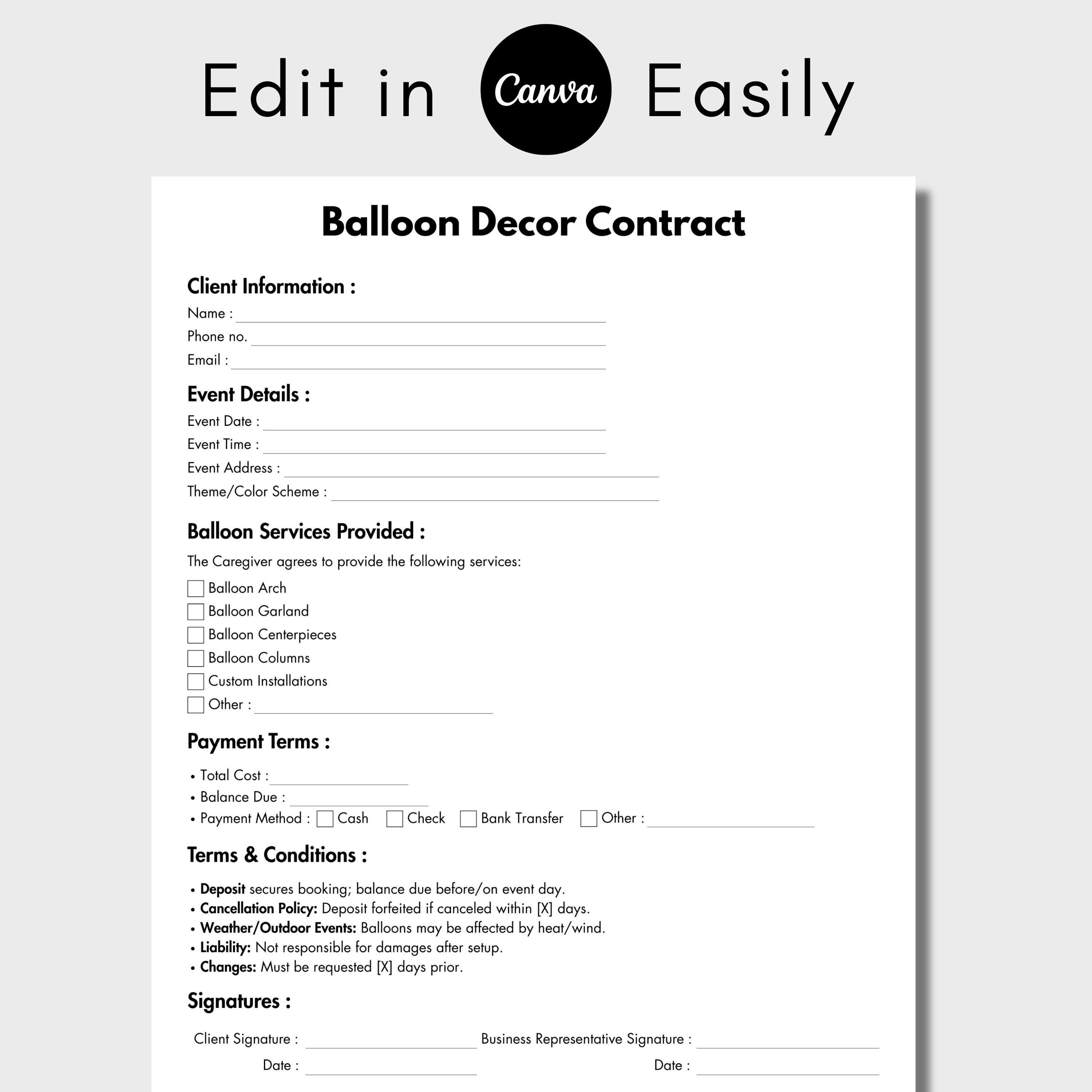 One Page Balloon Decor Contract Template, Editable Balloon Decoration ...