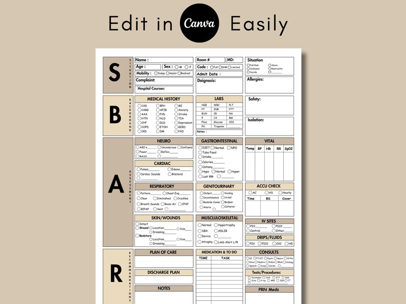SBAR Nurse Report Sheet Digital, Editable Nursing Student Med Surg SBAR ...