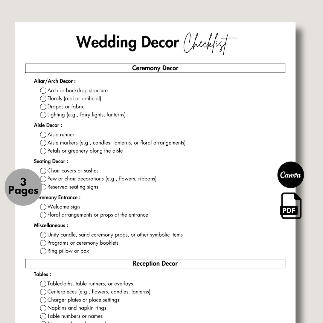Wedding Decor Checklist, Printable & Editable Wedding Decor Plan ...