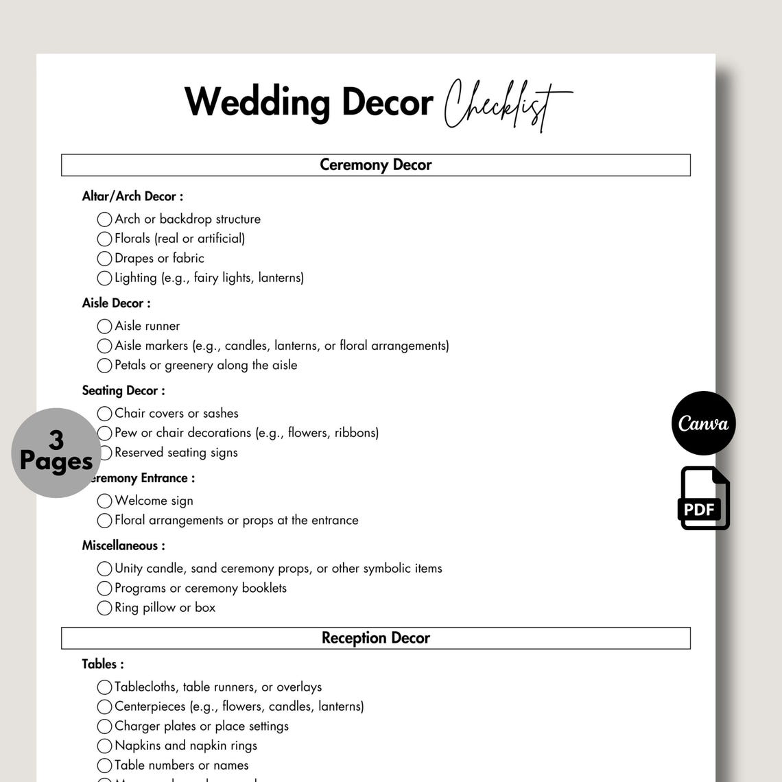 Wedding Decor Checklist, Printable & Editable Wedding Decor Plan ...
