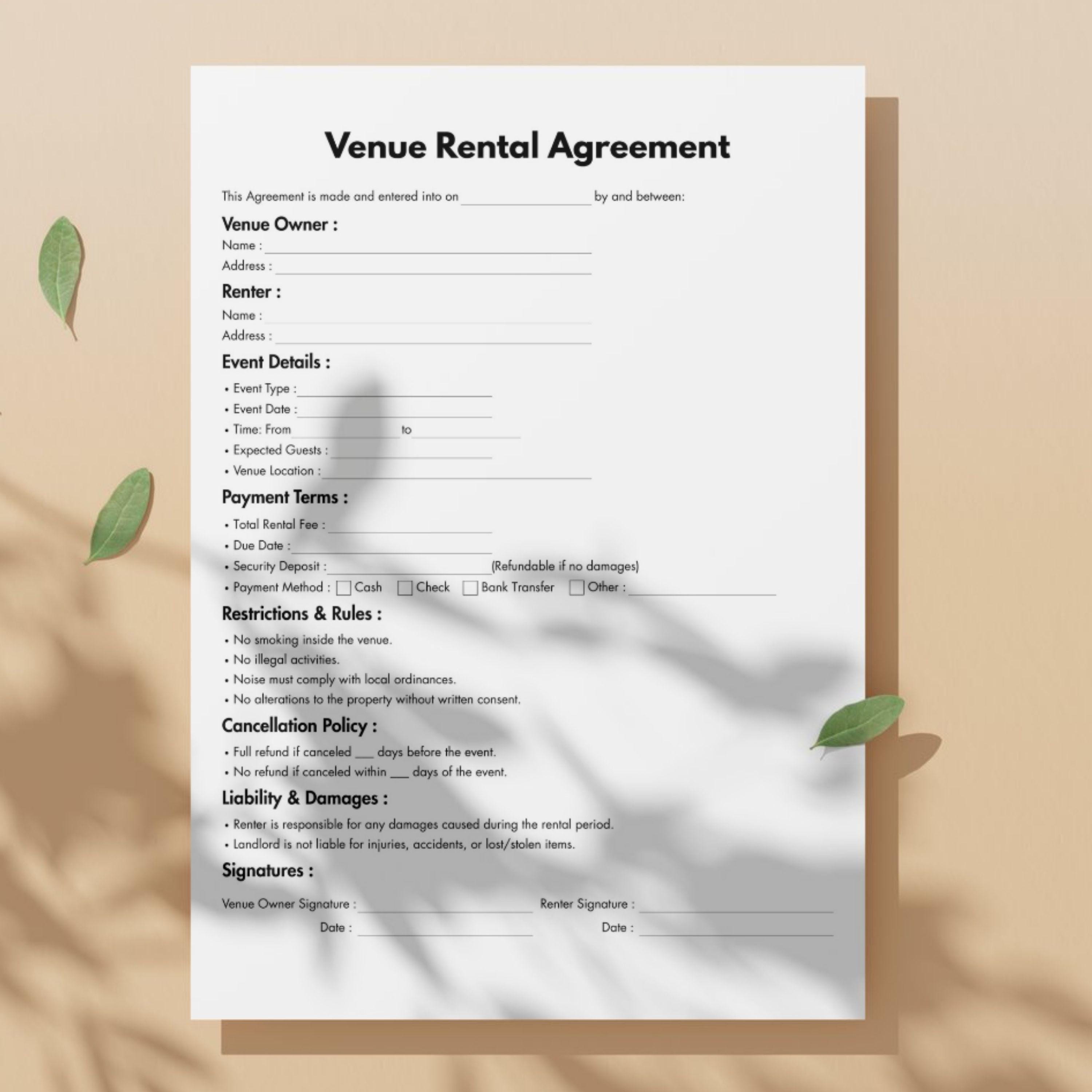 One Page Venue Rental Agreement, Editable Wedding Venue Rental ...