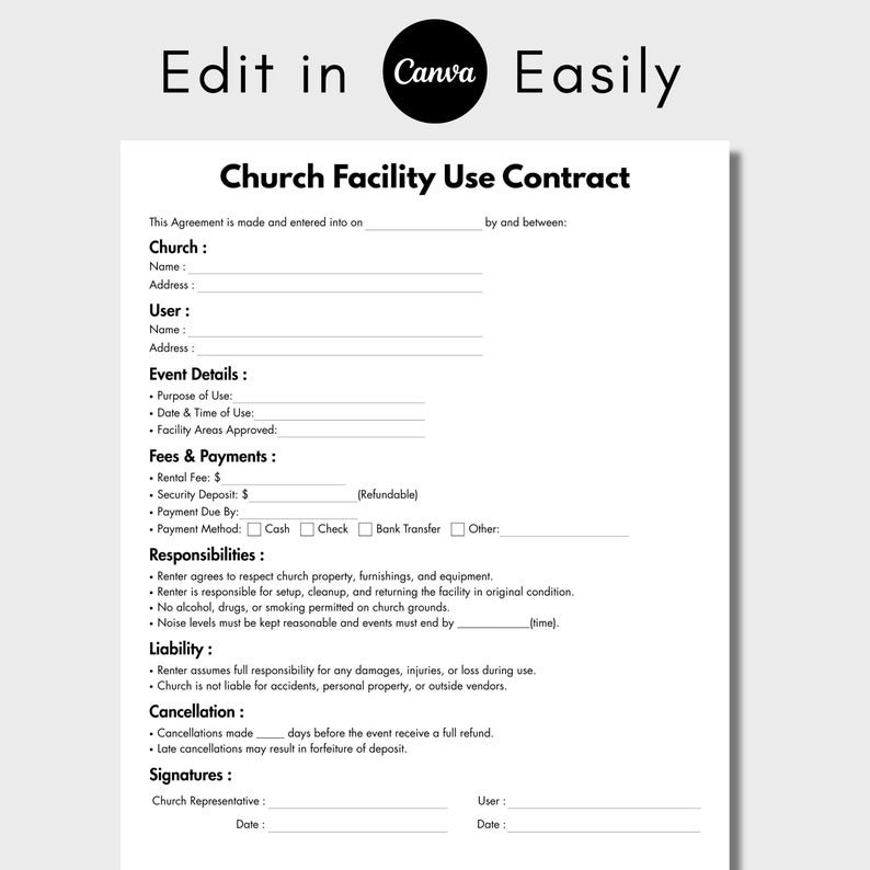 One Page Church Facility Use Contract, Editable Church Rental Agreement for Events Form Template ...