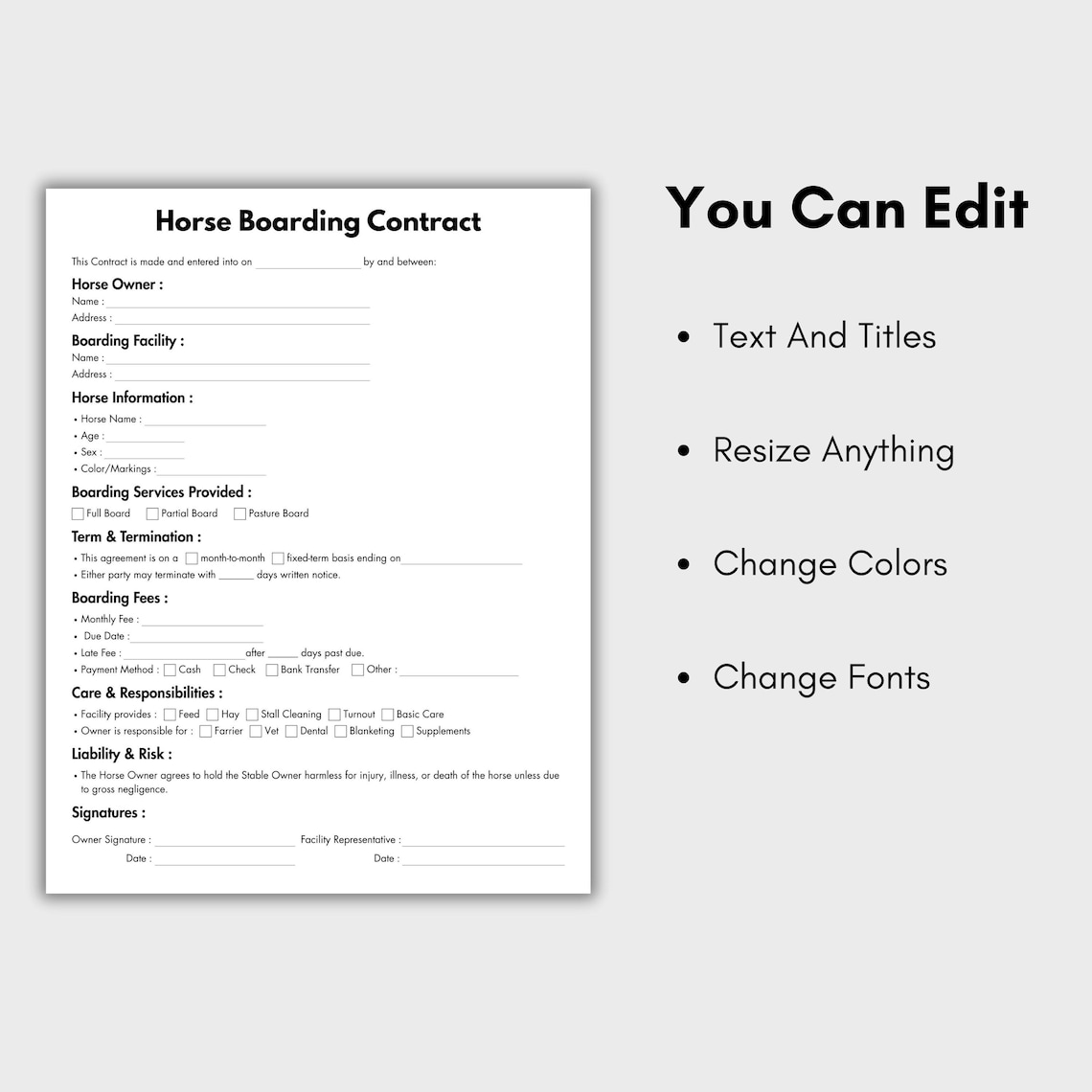 One Page Horse Boarding Contract, Editable Equine Boarding Agreement ...