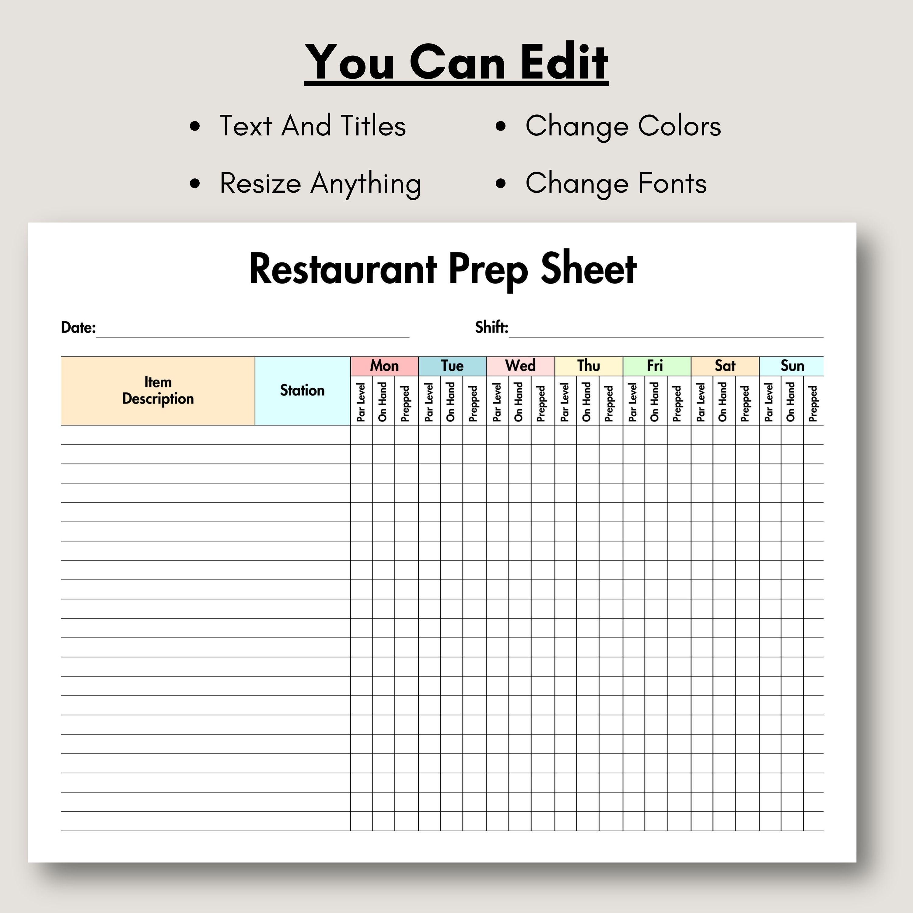 Restaurant Prep Sheet Template Colorful, Printable & Editable ...