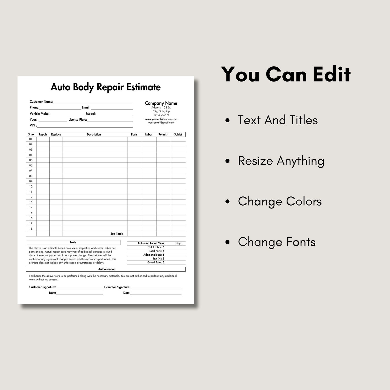 Editable Auto Body Repair Estimate, Auto Repair Estimate Template ...