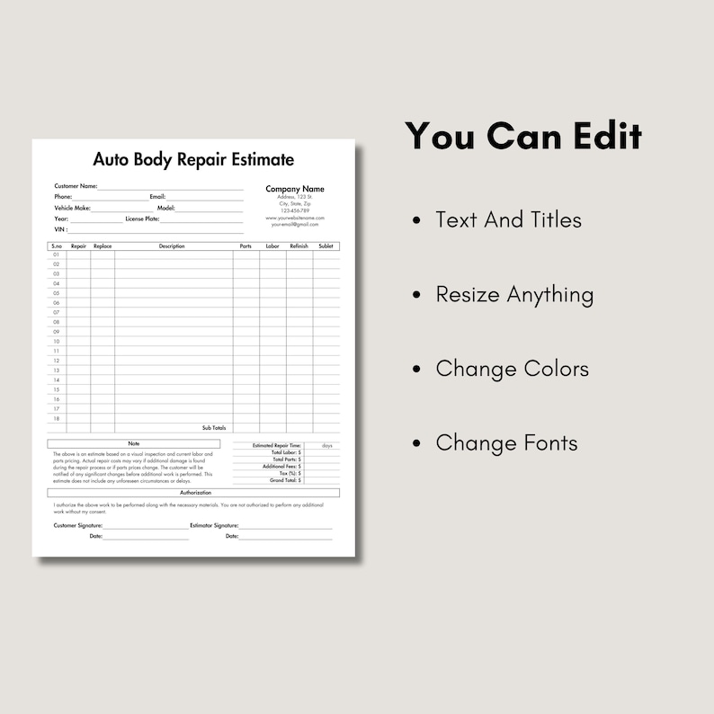 Editable Auto Body Repair Estimate, Auto Repair Estimate Template ...