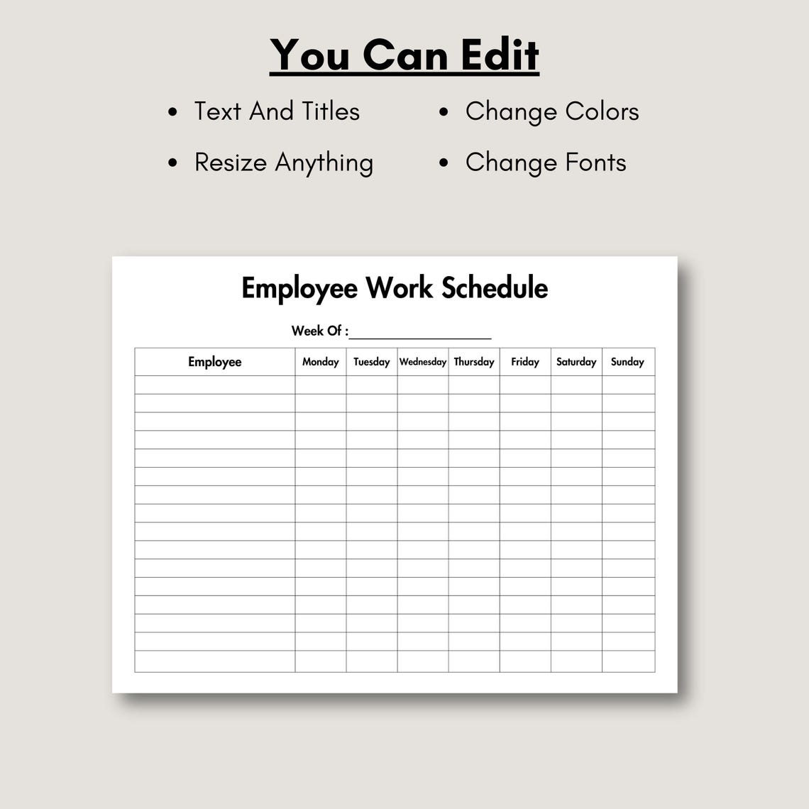 Employee Work Schedule Printable, Employee Weekly Schedule Editable ...