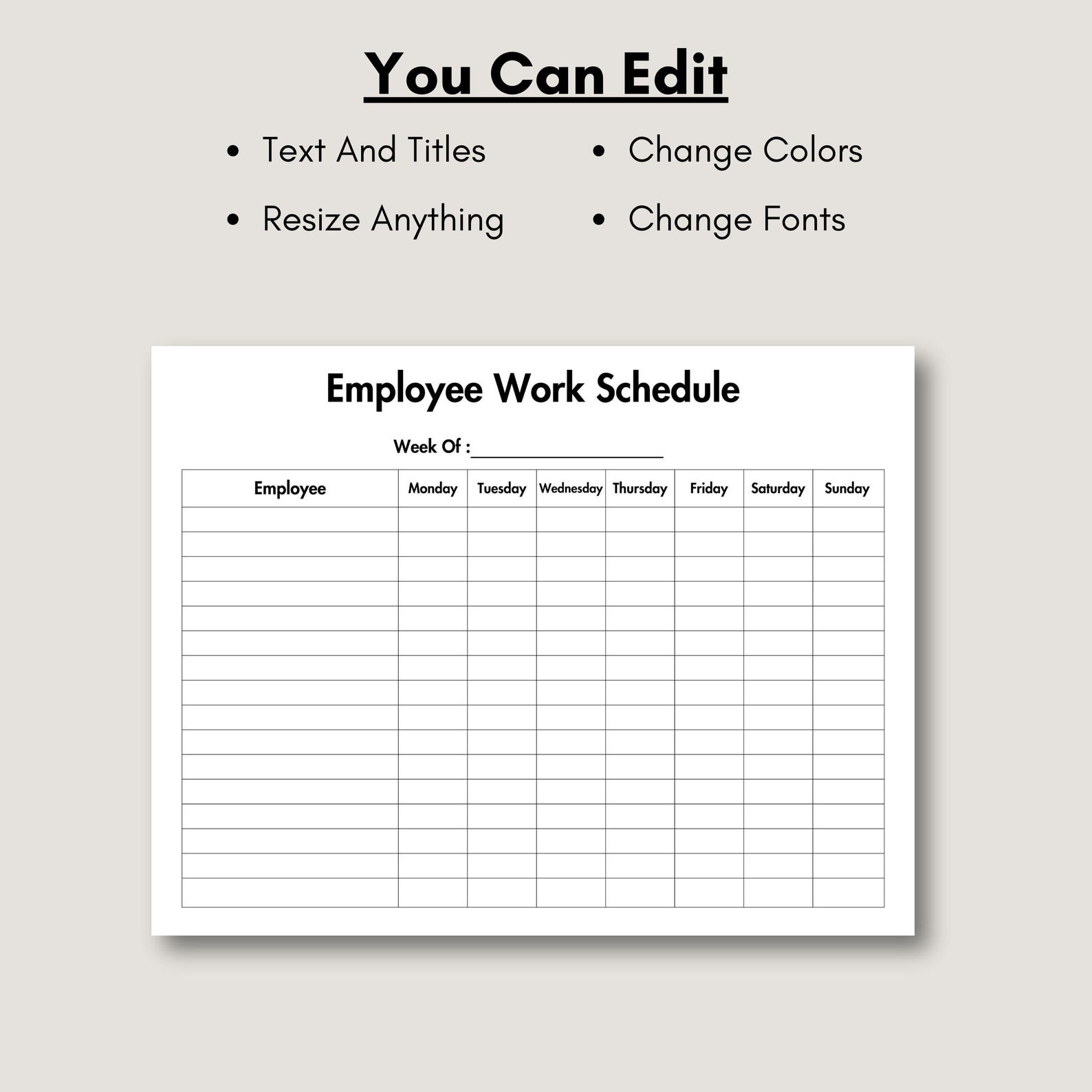Employee Work Schedule Printable, Employee Weekly Schedule Editable ...