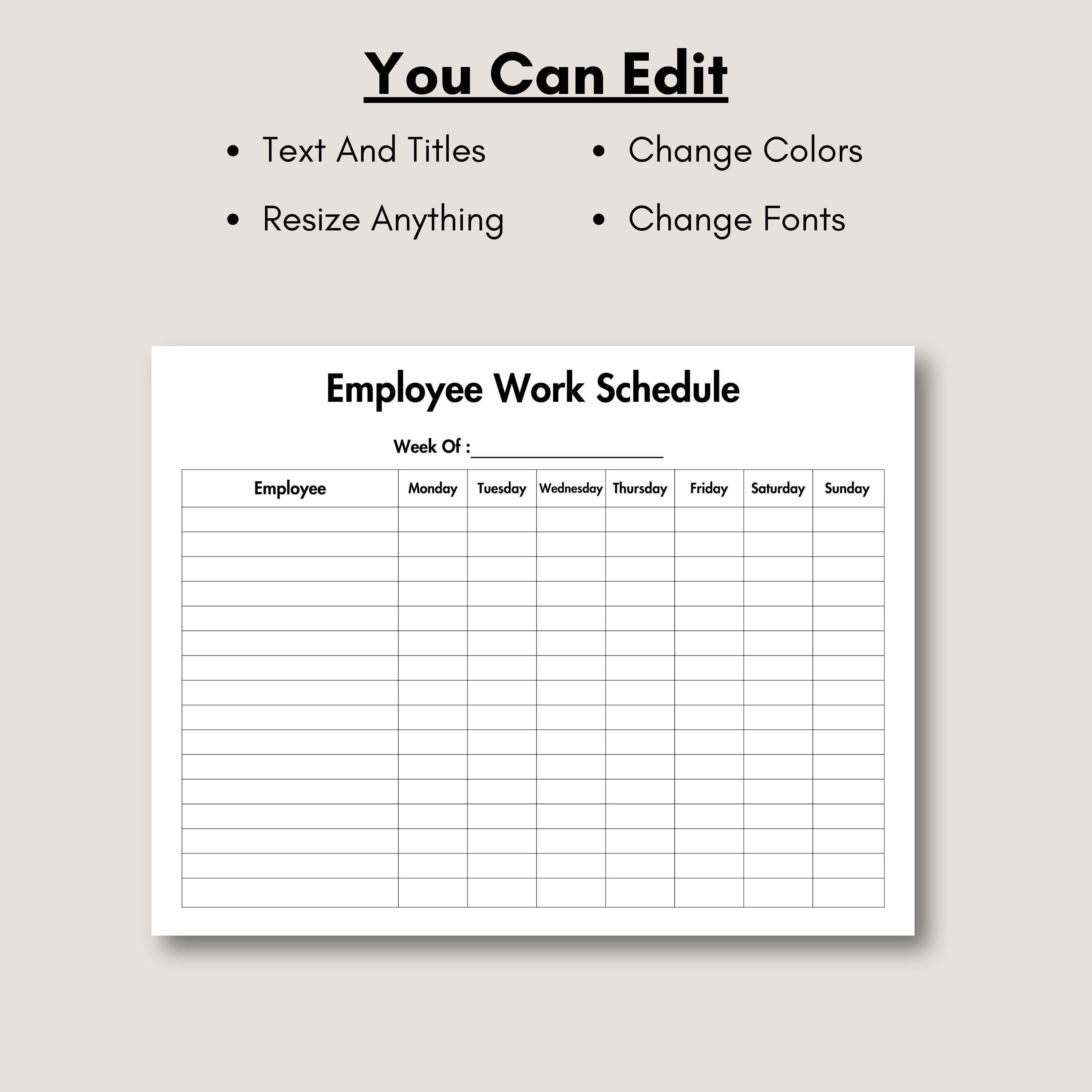 Employee Work Schedule Printable, Employee Weekly Schedule Editable ...