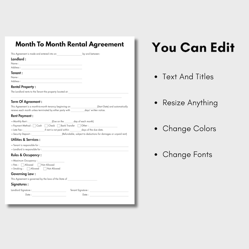 One Page Month to Month Rental Agreement, Editable Tenant Agreement ...