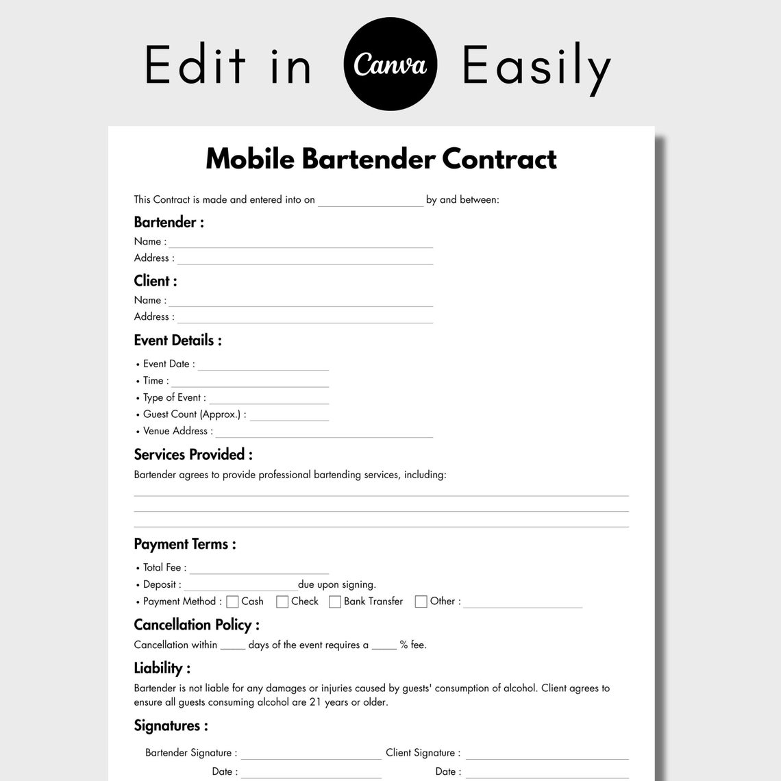 One Page Mobile Bartender Contract, Editable Mobile Bar Contract Form ...