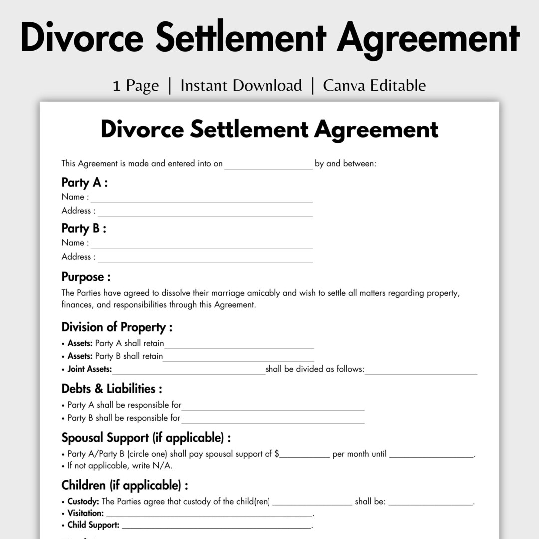 One Page Divorce Settlement Agreement, Editable Marriage Dissolution ...