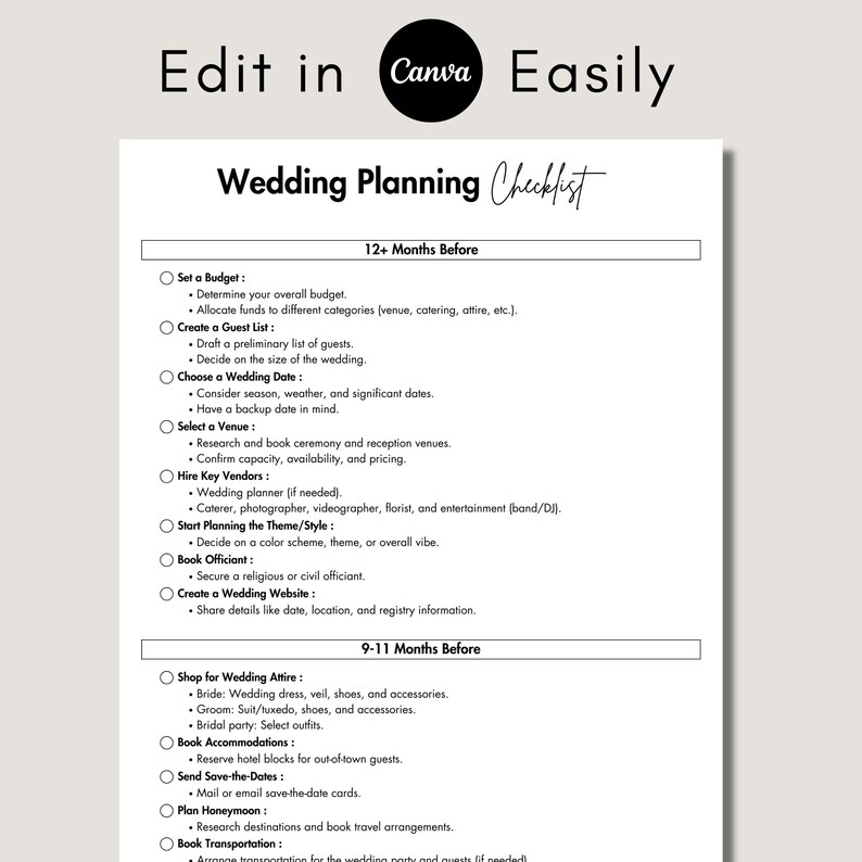 Wedding Planning Checklist, Printable & Editable Template, Engagement ...