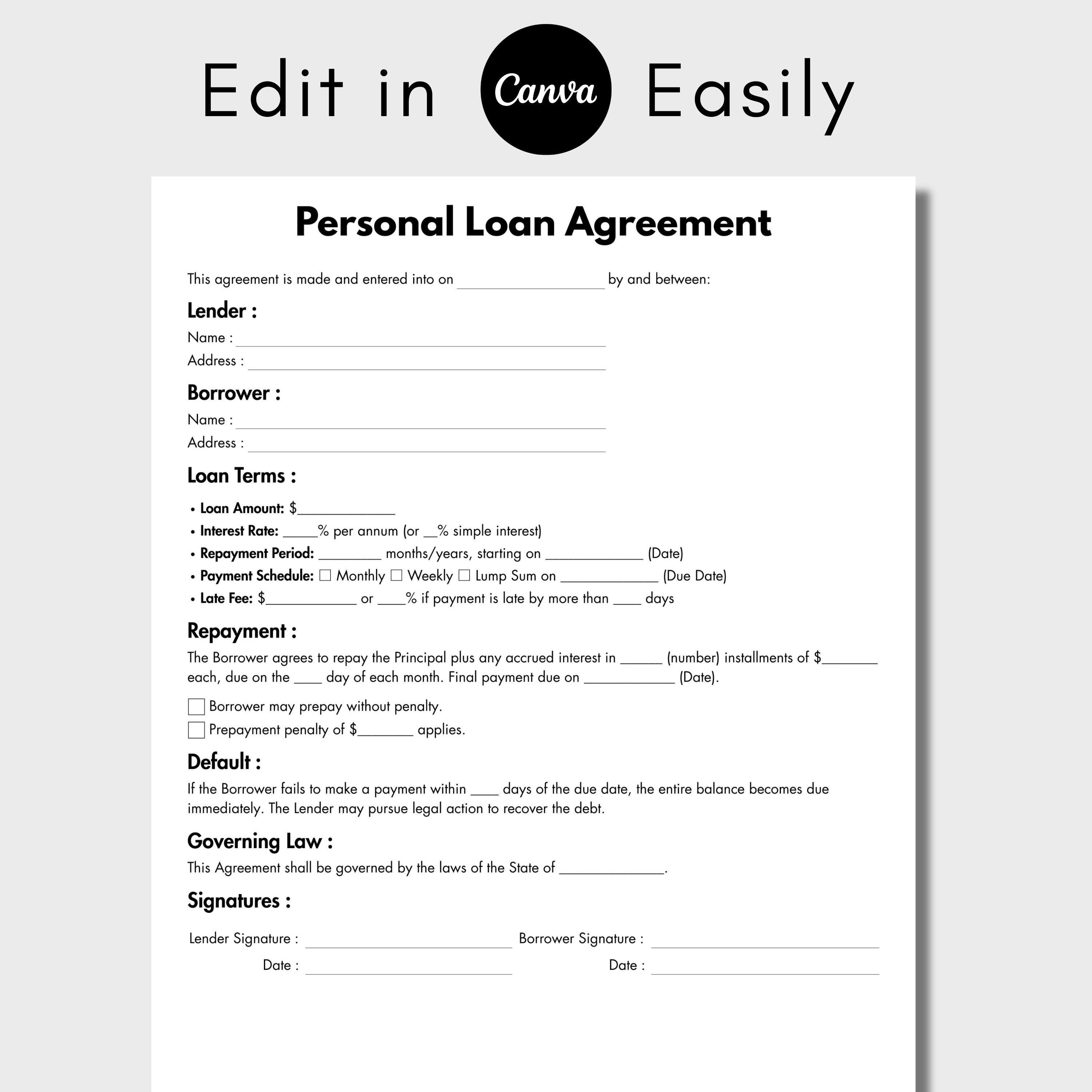 One Page Personal Loan Agreement, Editable Loan Contract Template Canva, Printable Promissory ...