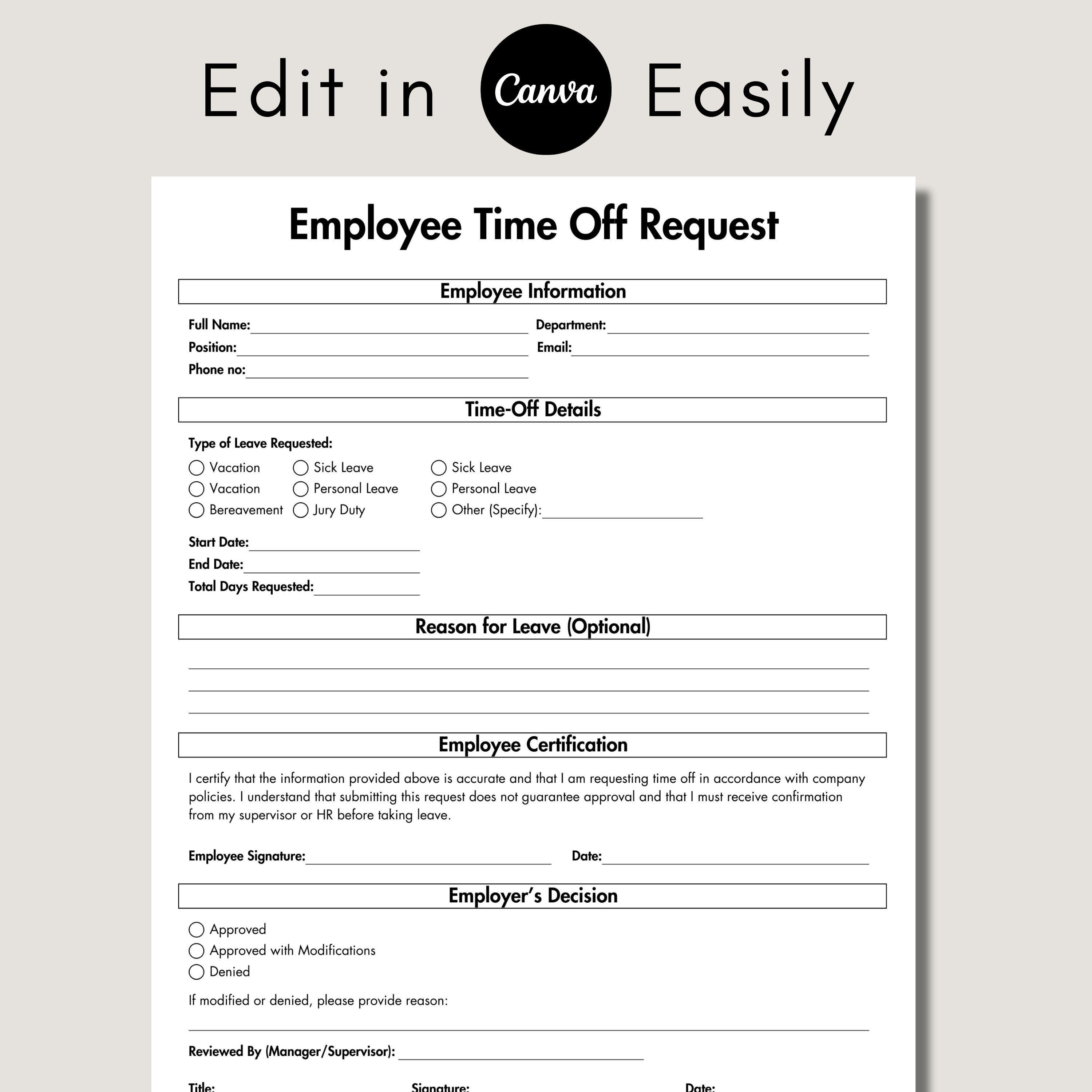 Editable Employee Time off Request, Printable Time off Tracker ...