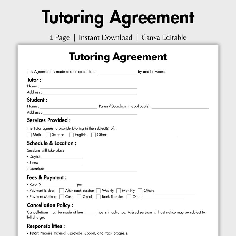One Page Tutoring Agreement, Editable Tutoring Terms Contract Template Canva, Printable Summer ...