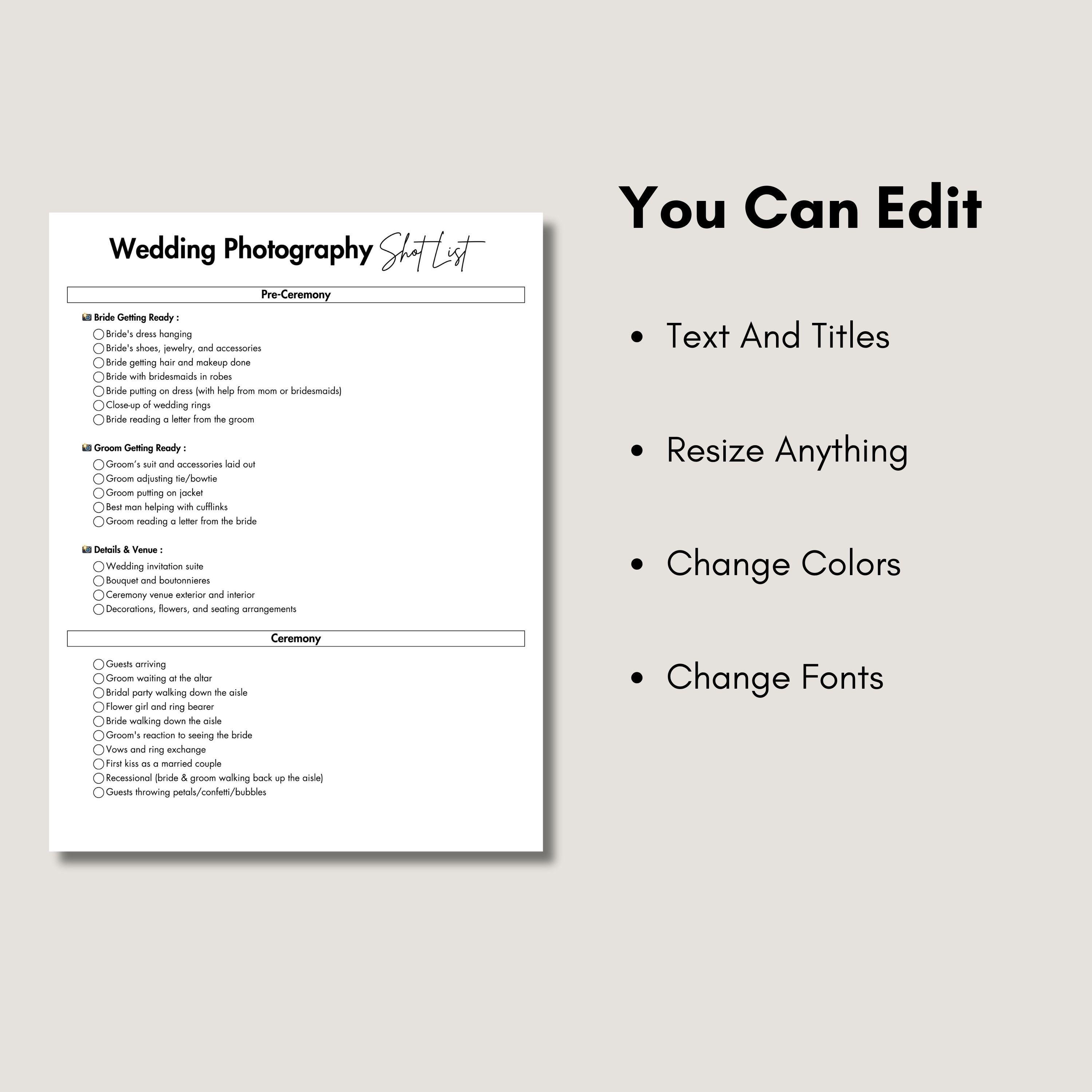 Wedding Photography Shot List, Printable & Editable Wedding Planner ...