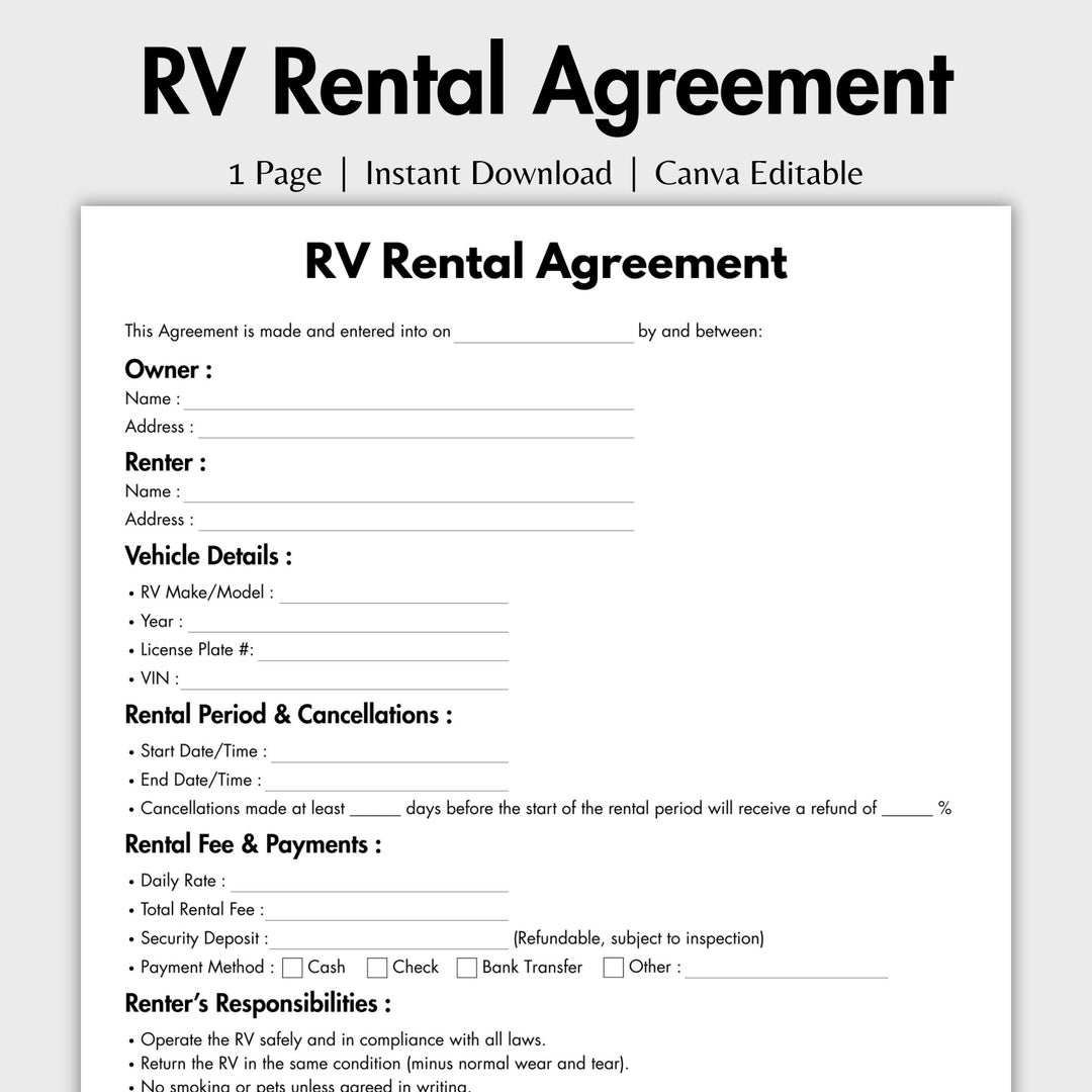 One Page RV Rental Agreement, Editable Rental Form Template Canva ...