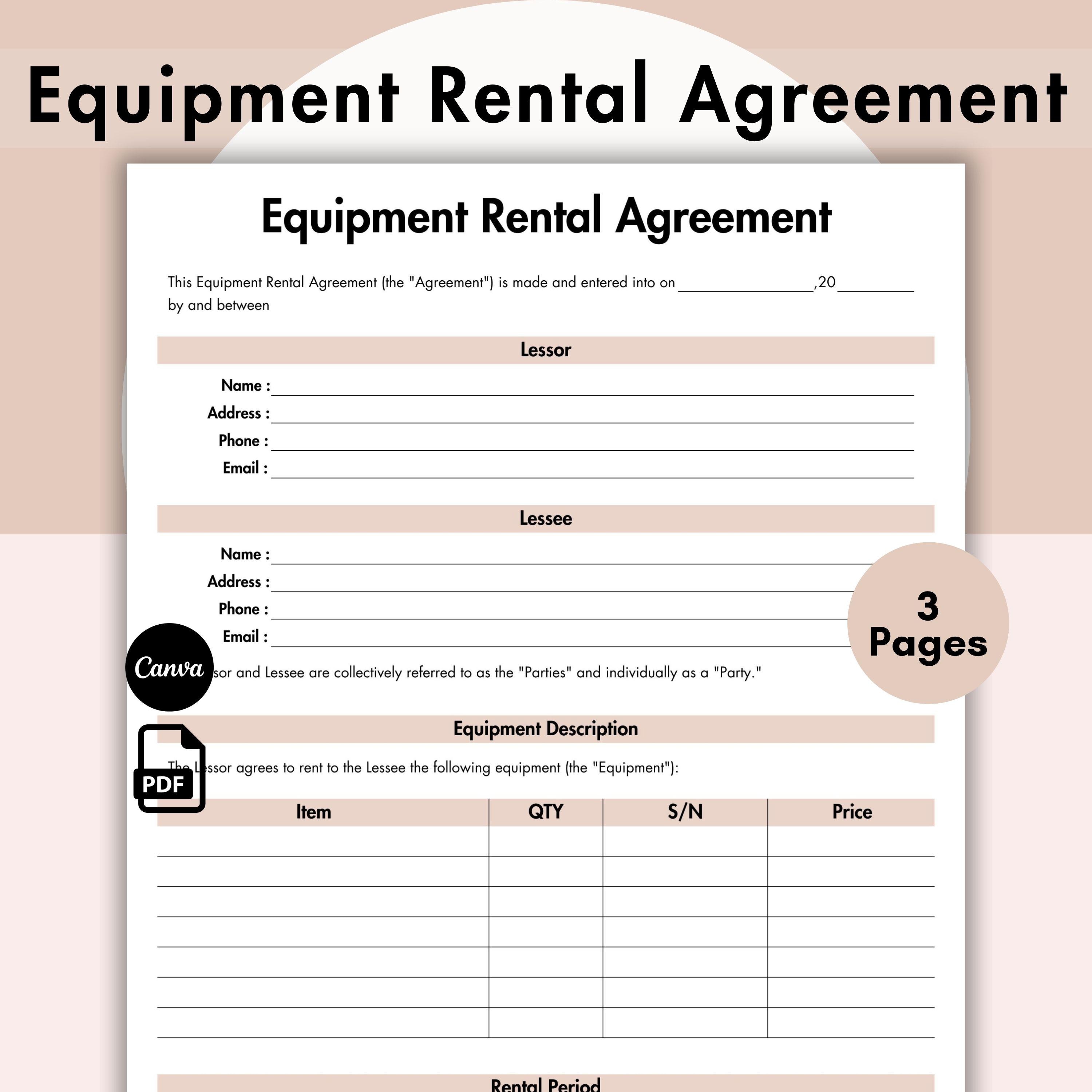 Equipment Rental Agreement, Equipment Rental Contract Form, Printable ...