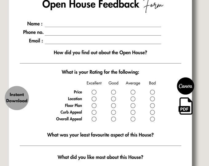 Open House Feedback Form, Printable & Editable Real Estate Open House ...