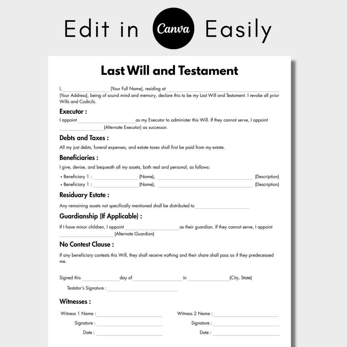 One Page Last Will and Testament, Editable Testament Form Template ...