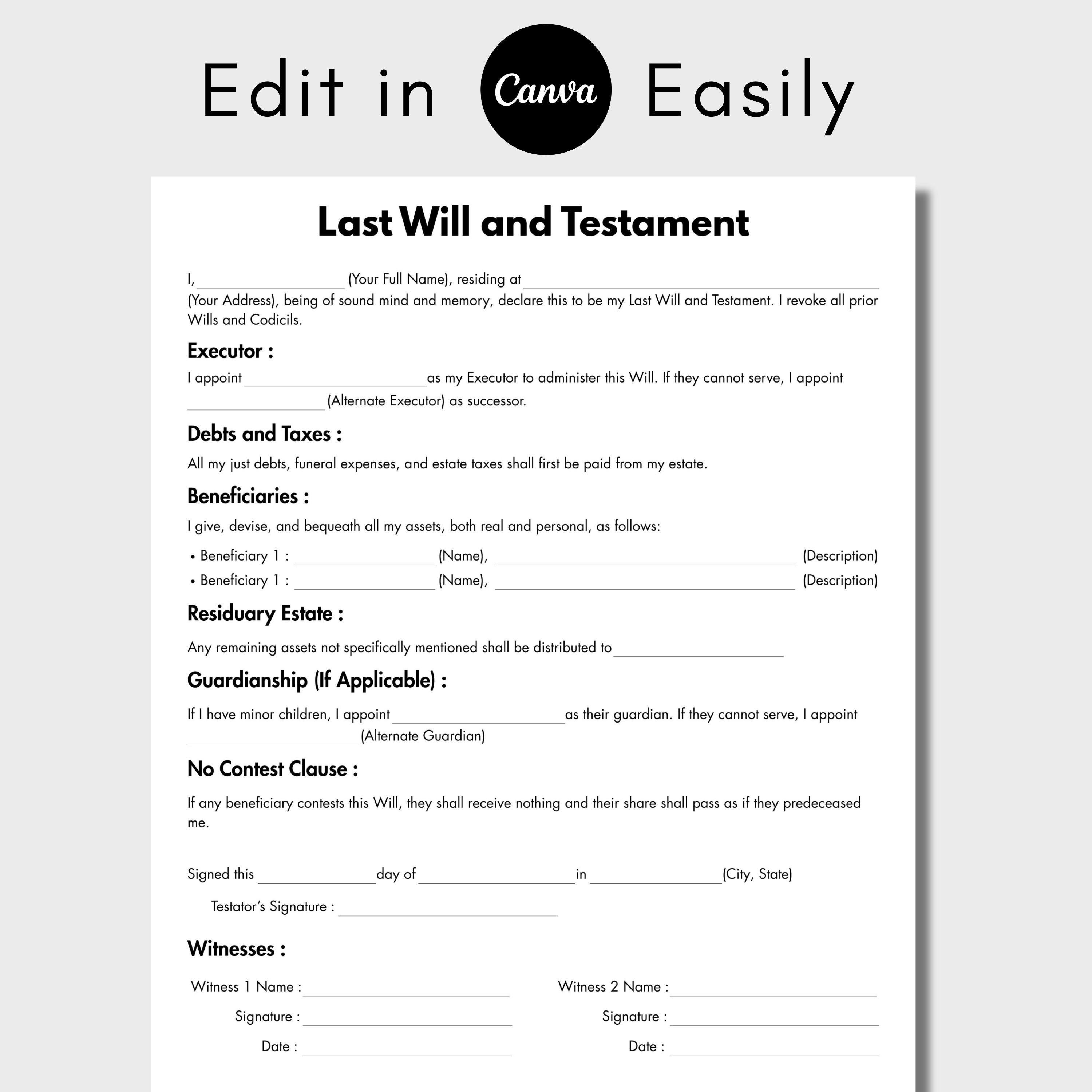 One Page Last Will and Testament, Editable Testament Form Template ...