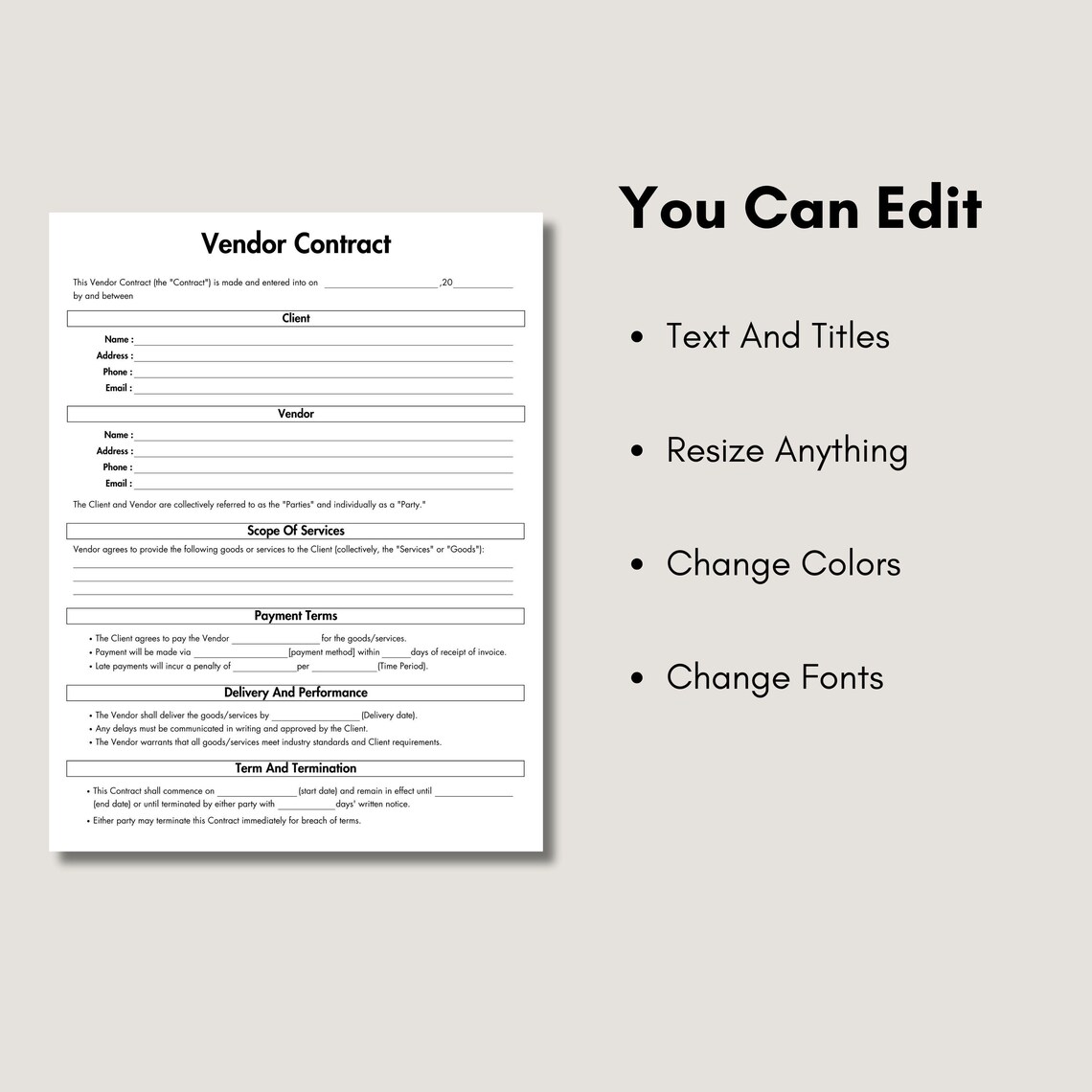 Vendor Contract Template, Printable & Editable Event Agreement, Sales ...
