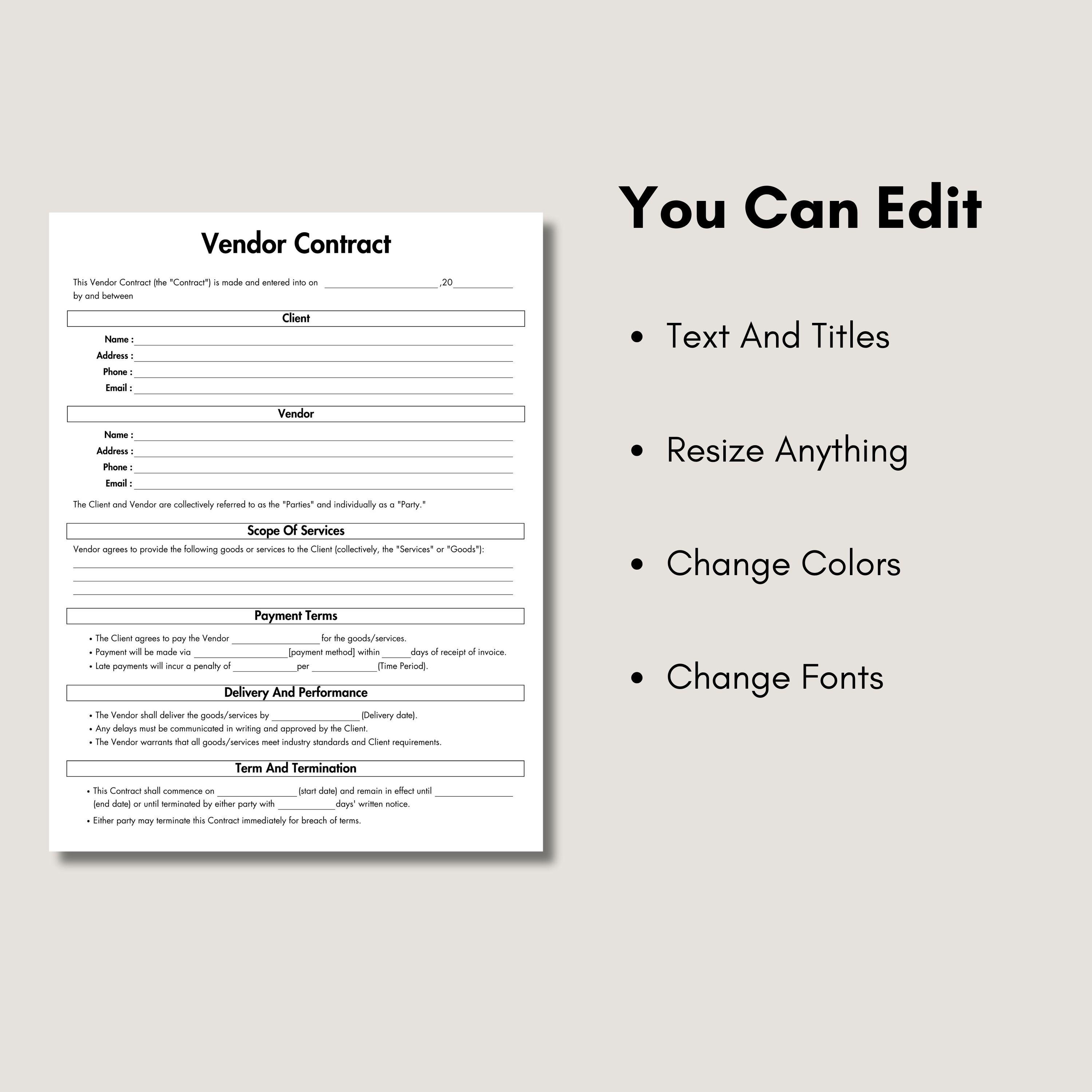 Vendor Contract Template, Printable & Editable Event Agreement, Sales ...