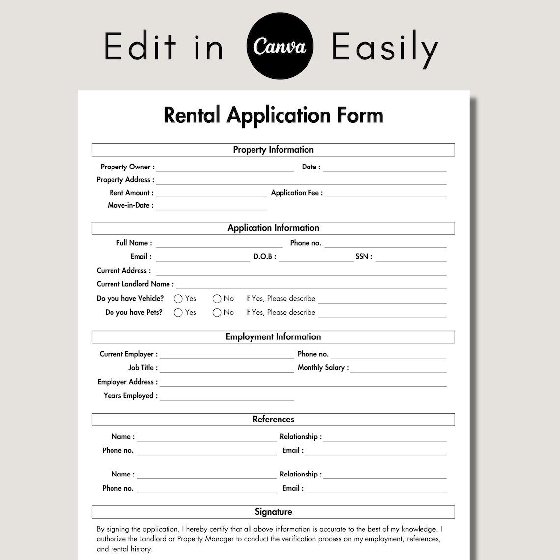Rental Application Form, Editable & Printable Landlord Rental ...