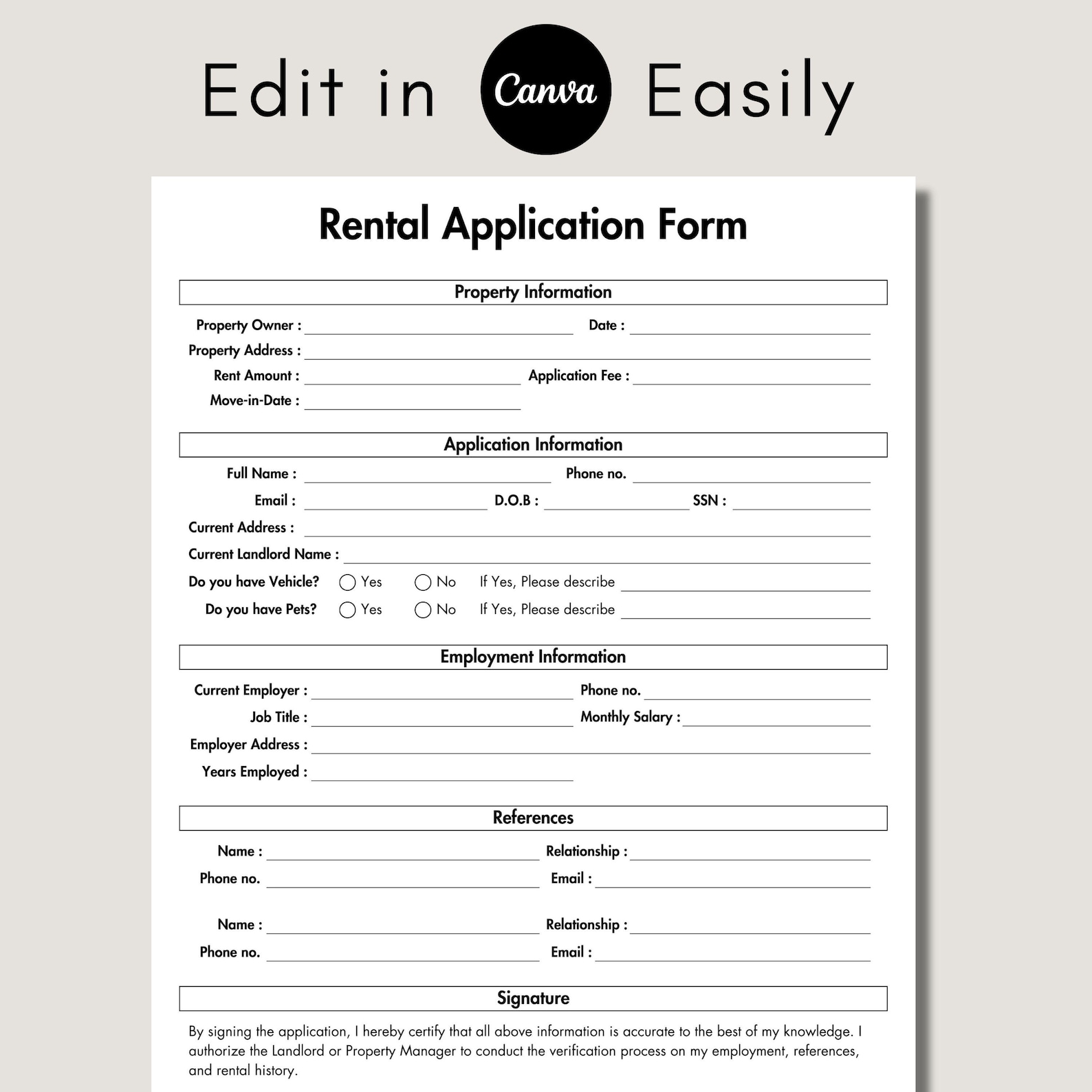 Rental Application Form, Editable & Printable Landlord Rental ...