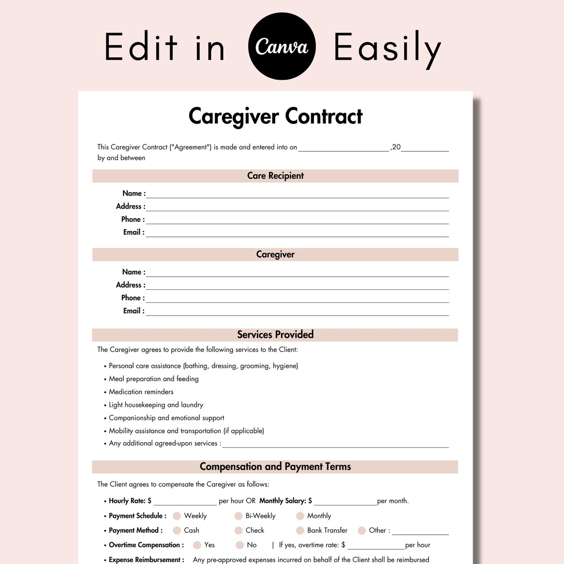 Caregiving Contract, Homecare Agreement, Editable Caregiving Employment ...
