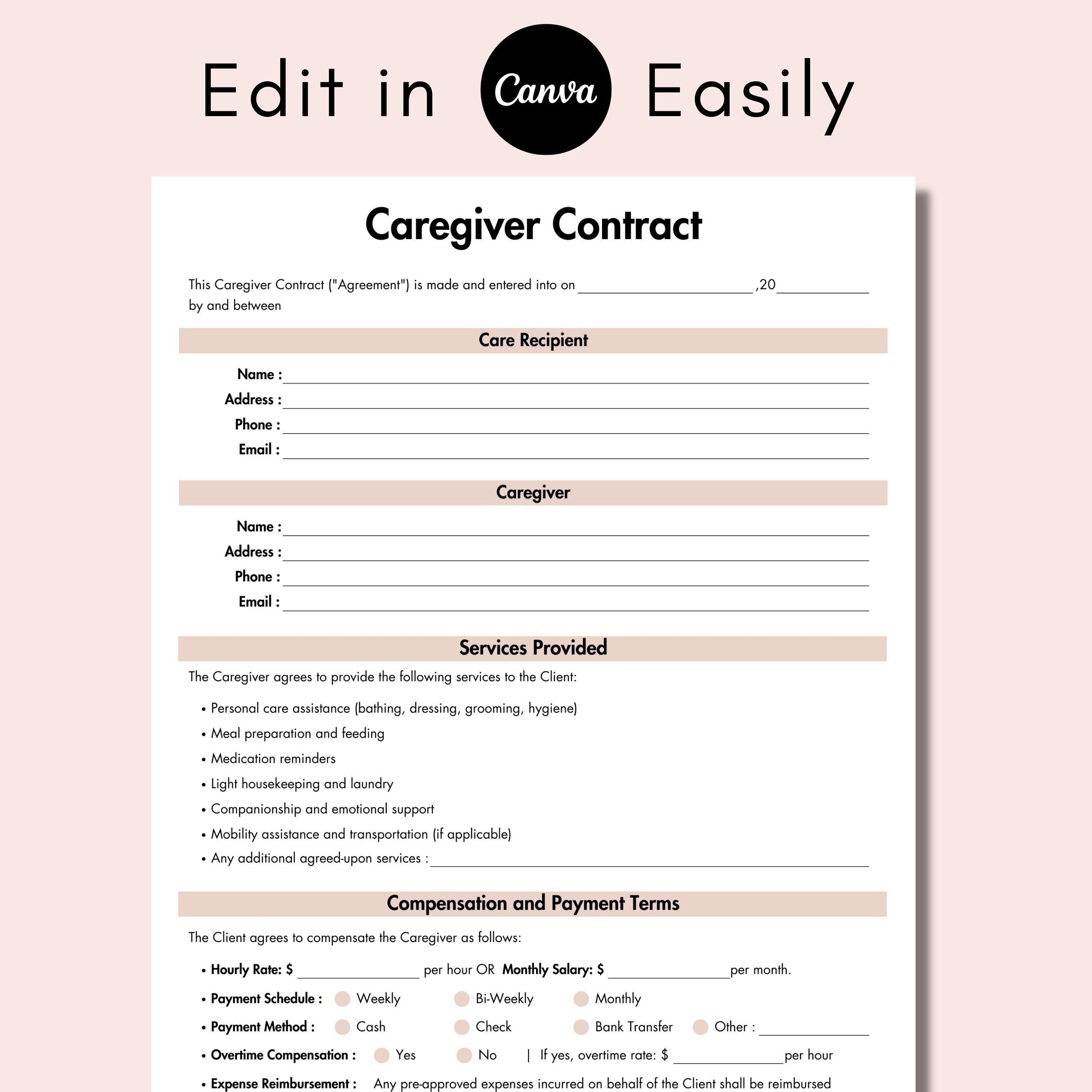 Caregiving Contract, Homecare Agreement, Editable Caregiving Employment ...