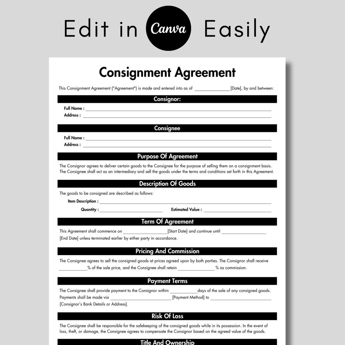 Printable Consignment Agreement, Consignment Contract Editable, Shop ...