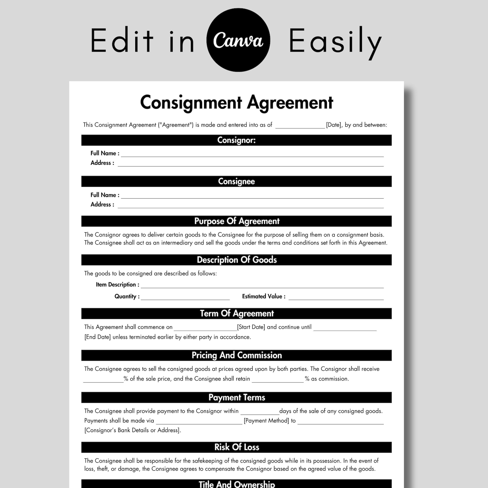 Printable Consignment Agreement, Consignment Contract Editable, Shop ...