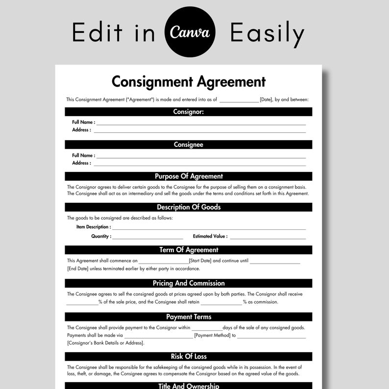 Printable Consignment Agreement, Consignment Contract Editable, Shop ...