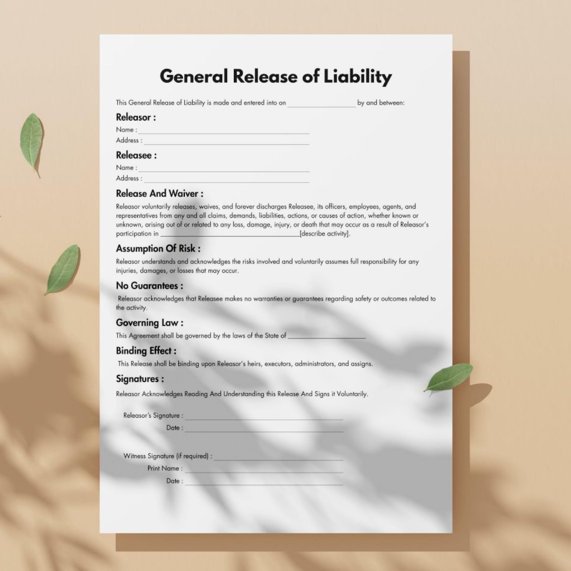 One Page General Release of Liability, Editable Hold Harmless Template ...