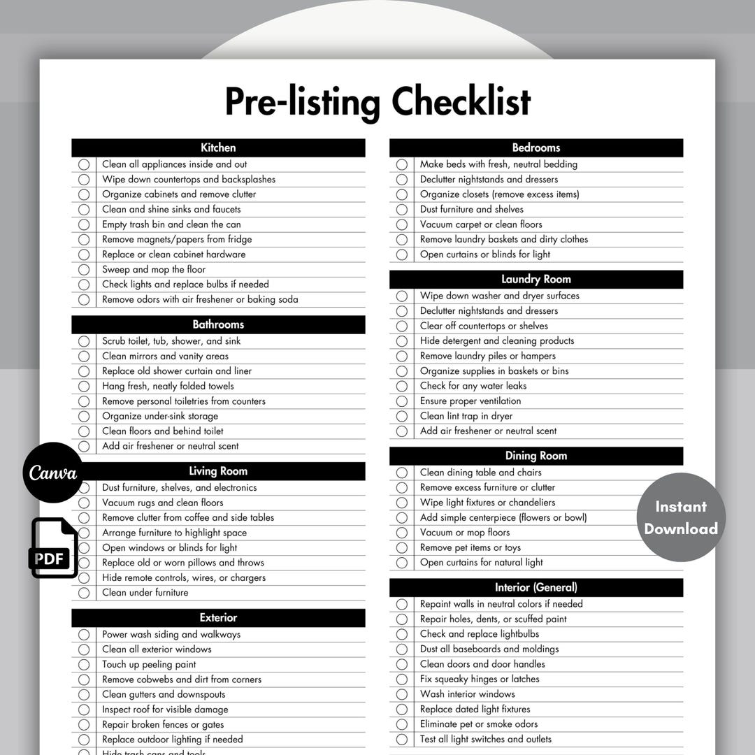 Pre-listing Checklist Black, Printable & Editable Home Seller Checklist ...