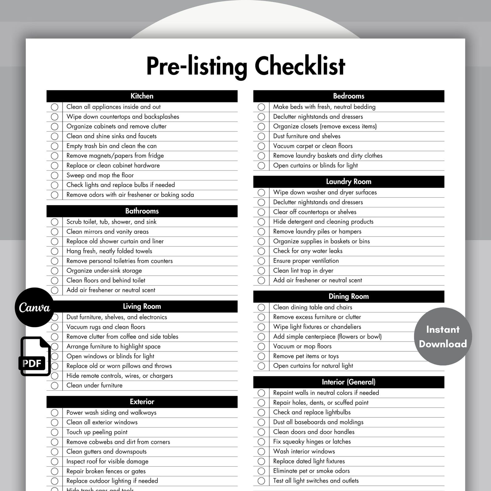 Pre-listing Checklist Black, Printable & Editable Home Seller Checklist ...