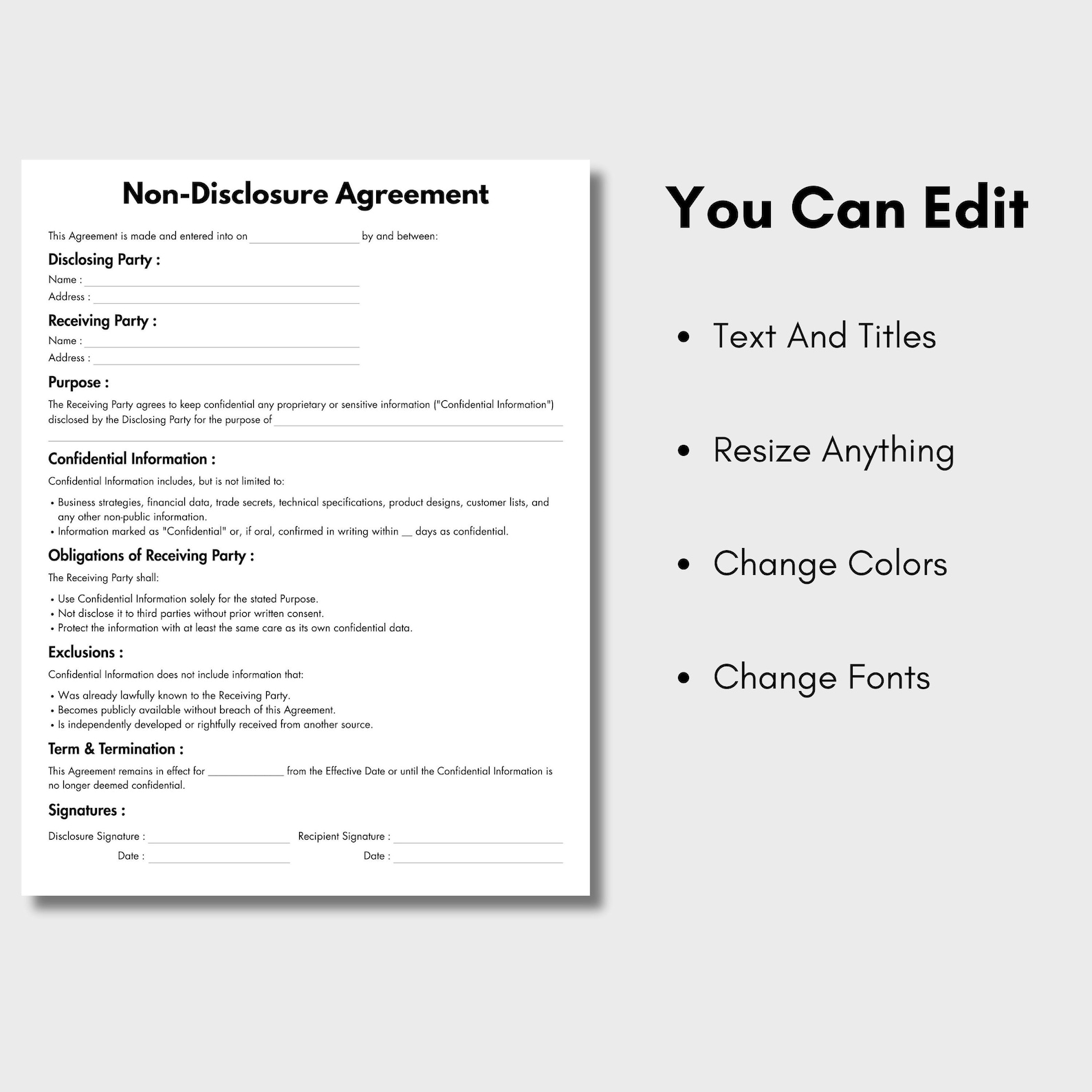 One Page Non Disclosure Agreement, Editable Confidential Disclosure ...