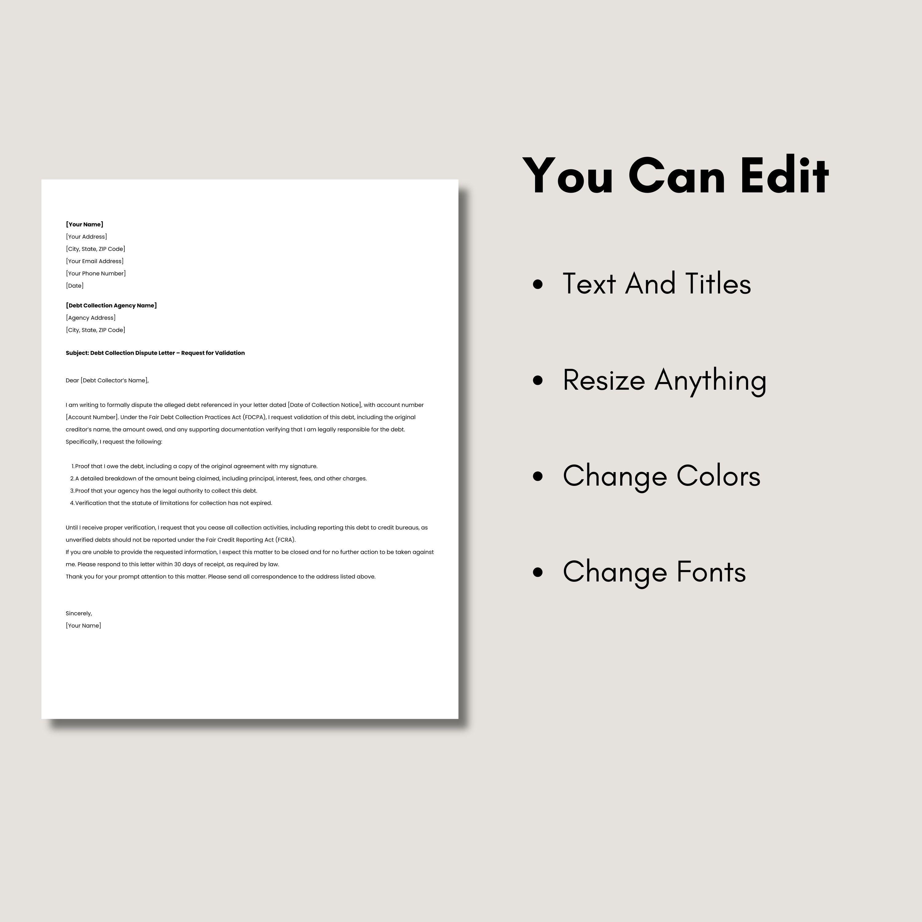 Debt Collection Dispute Letter, Printable Debt Dispute Letter, Debt ...