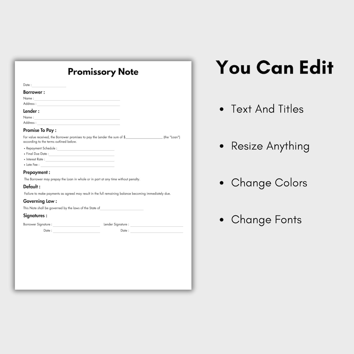 One Page Promissory Note, Editable Personal Loan Agreement Template ...