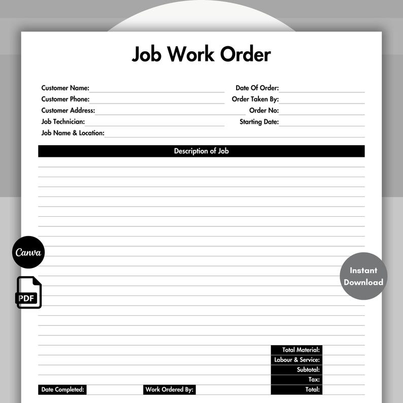Job Work Order Form Black, Business Job Work Order Template, Job Work ...