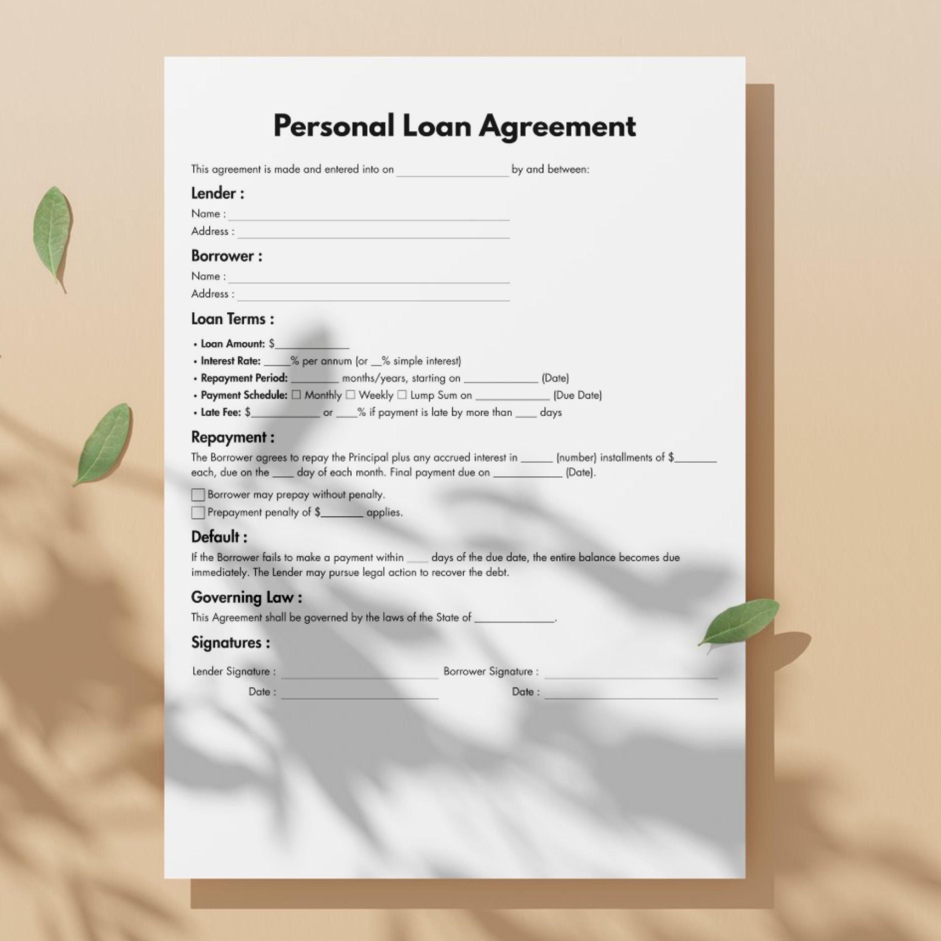 One Page Personal Loan Agreement, Editable Loan Contract Template Canva, Printable Promissory ...